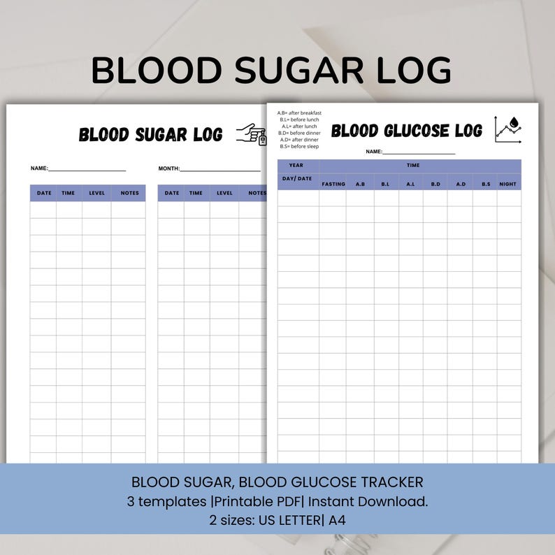 Blood Sugar Tracker, Diabetic Log, Printable Blood Sugar Log, Blood ...
