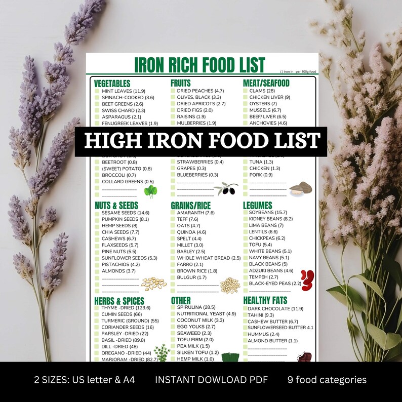 Iron Rich Foods List: Vegan & Meat Sources (digital Download) - Etsy