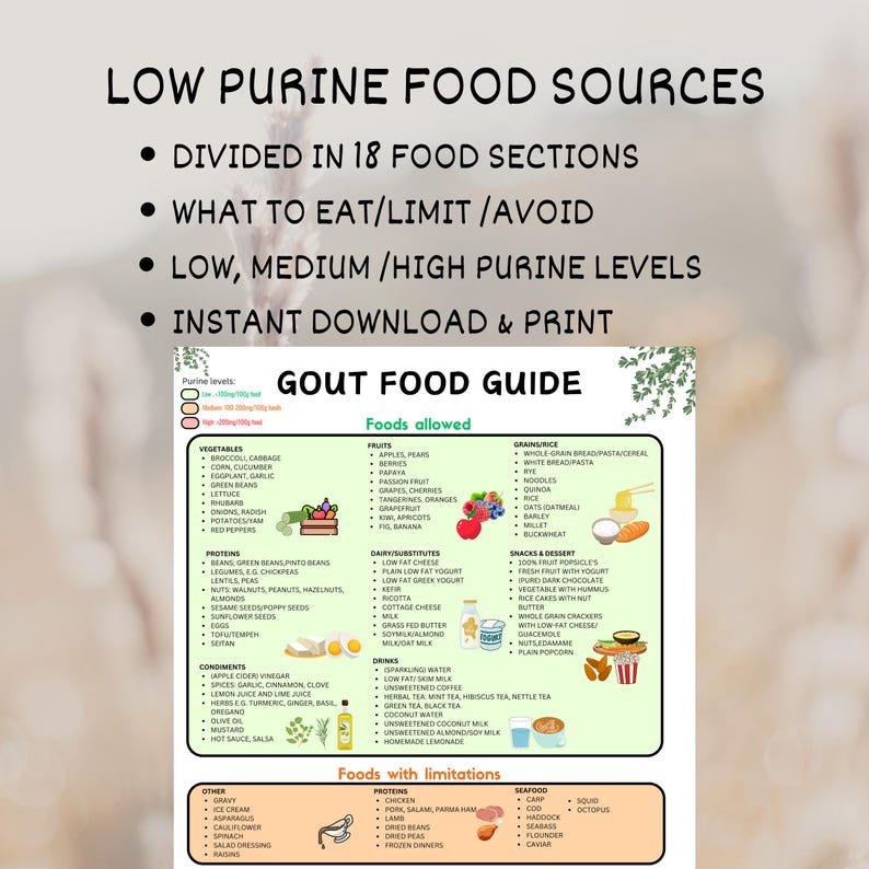 Gout Food Chart: Low Purine Diet Guide (digital Download) - Etsy