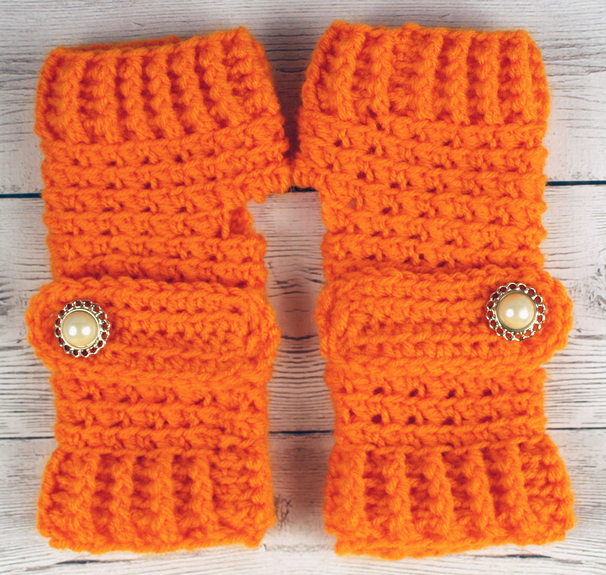 Crocheted Orange Fingerless Gloves With Button Straps - Etsy