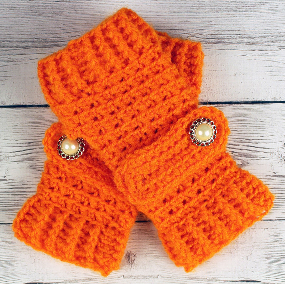 Crocheted Orange Fingerless Gloves With Button Straps - Etsy
