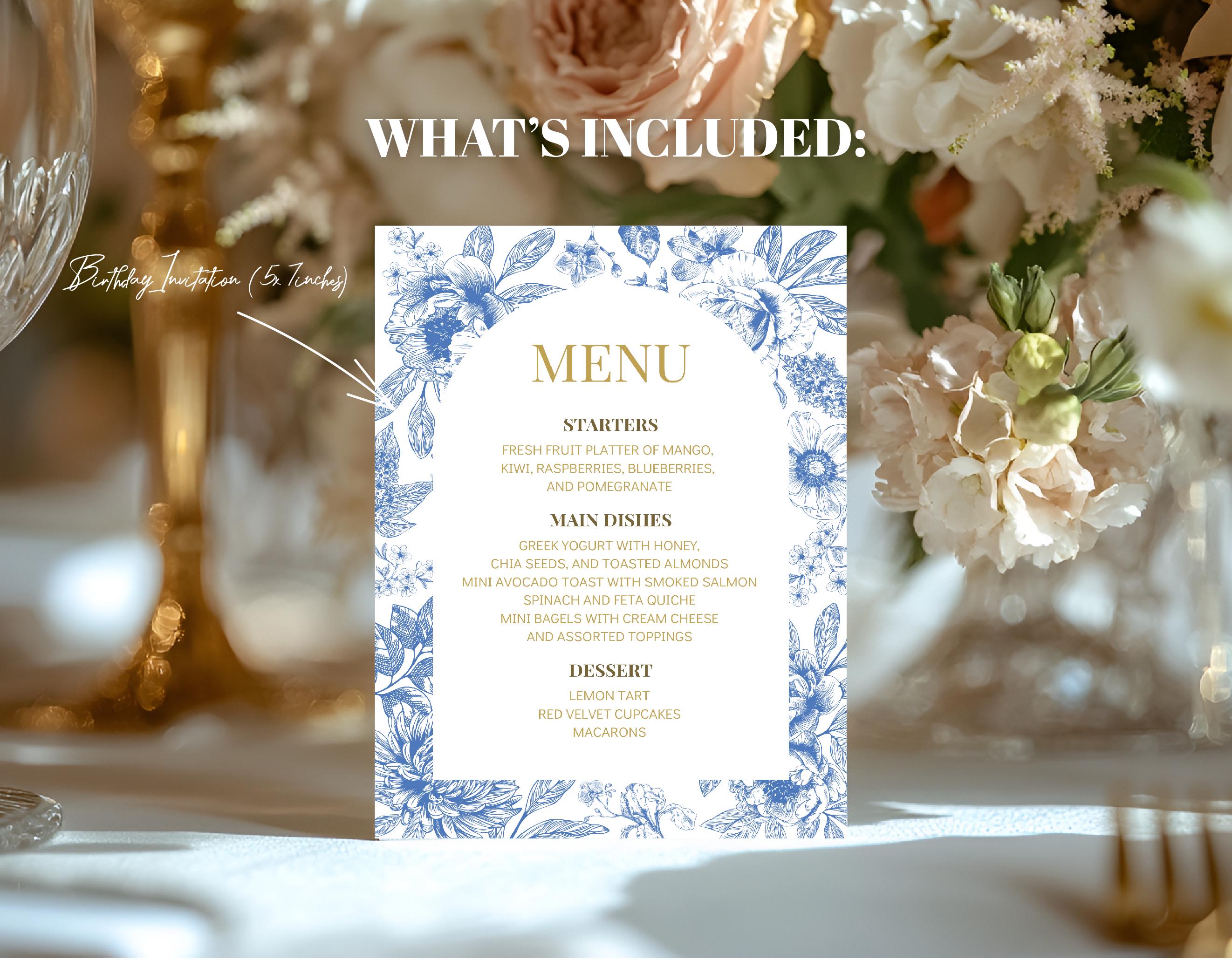 Blue Classic Menu Template | Editable Toile De Jouy Chinoiserie Style ...