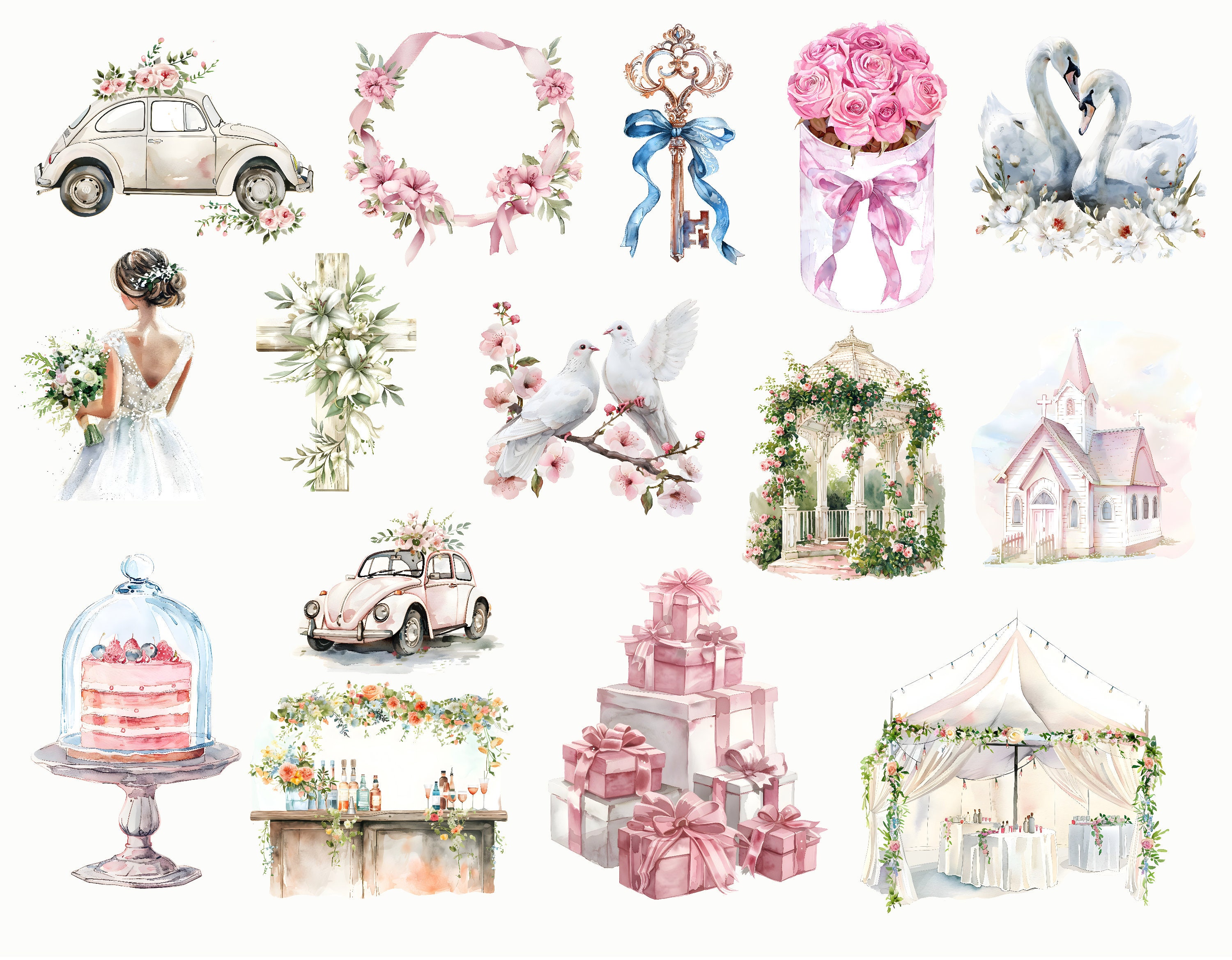 Watercolor Wedding Clipart - Png for Invitation Bundle - Boho Ring, Map ...