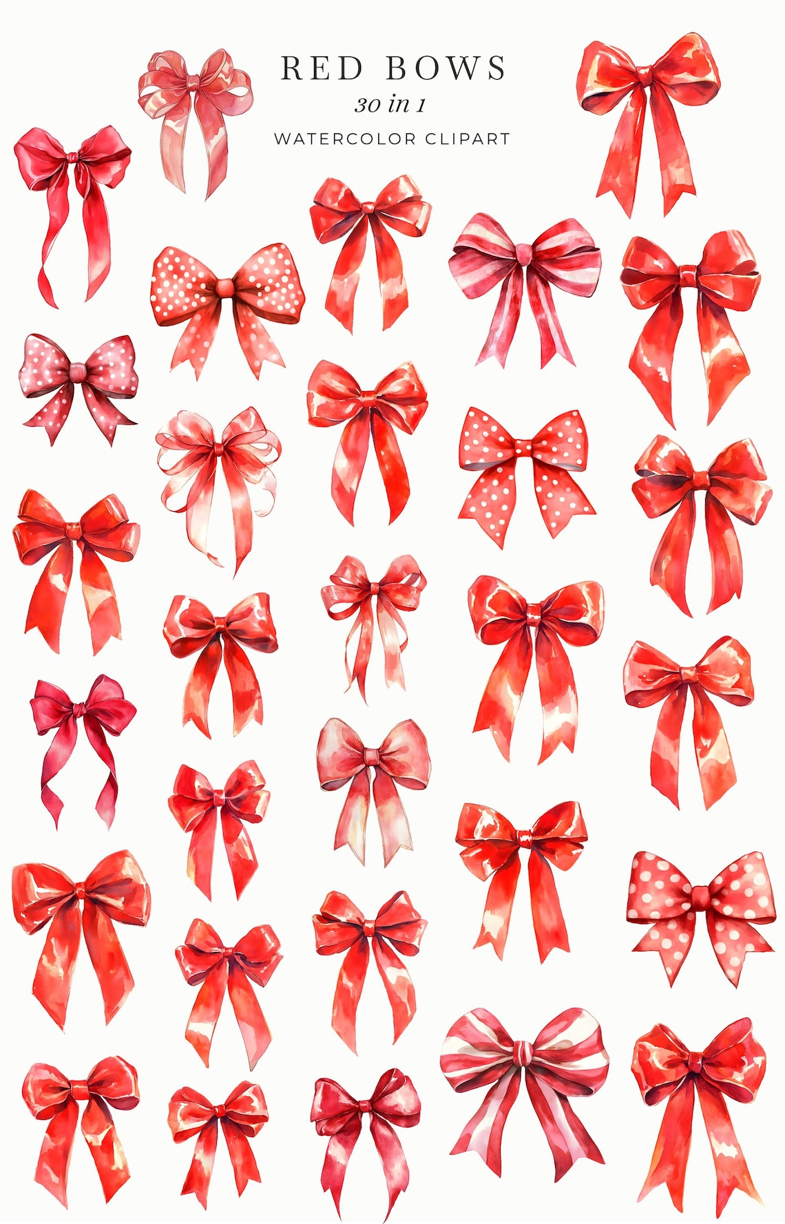 Red Bow Clipart | Striped and Polka Dot Ribbon PNG | Watercolor Girly ...
