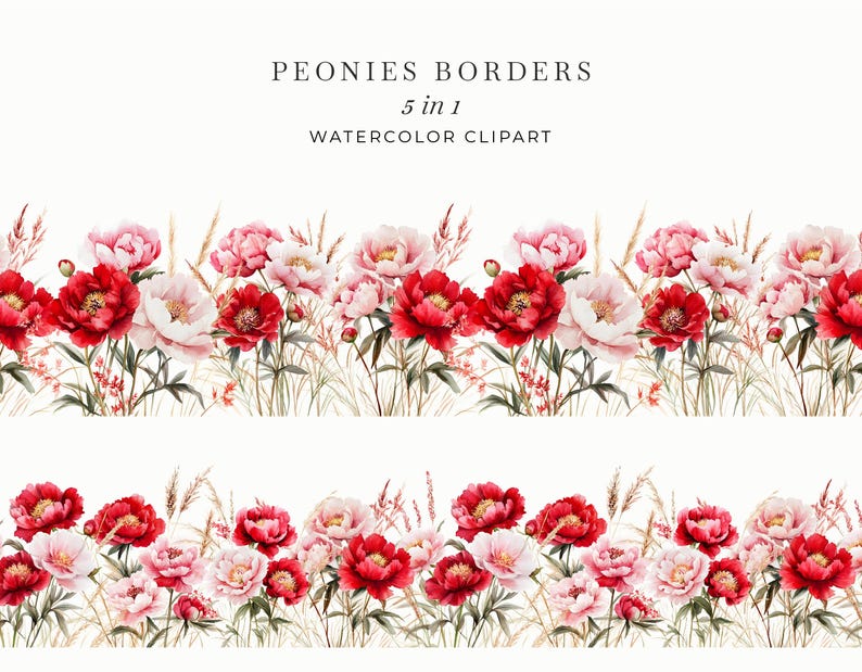Watercolor Floral Border Clipart | Red Peony Seamless Pattern | Boho ...