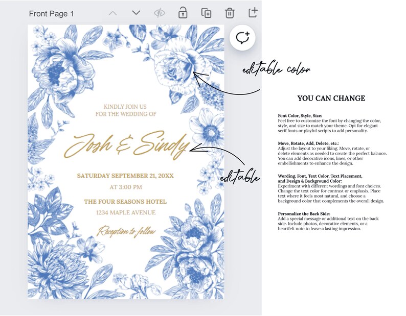 Blue Toile De Jouy Wildflower Wedding Invitation Boho Wedding Canva ...