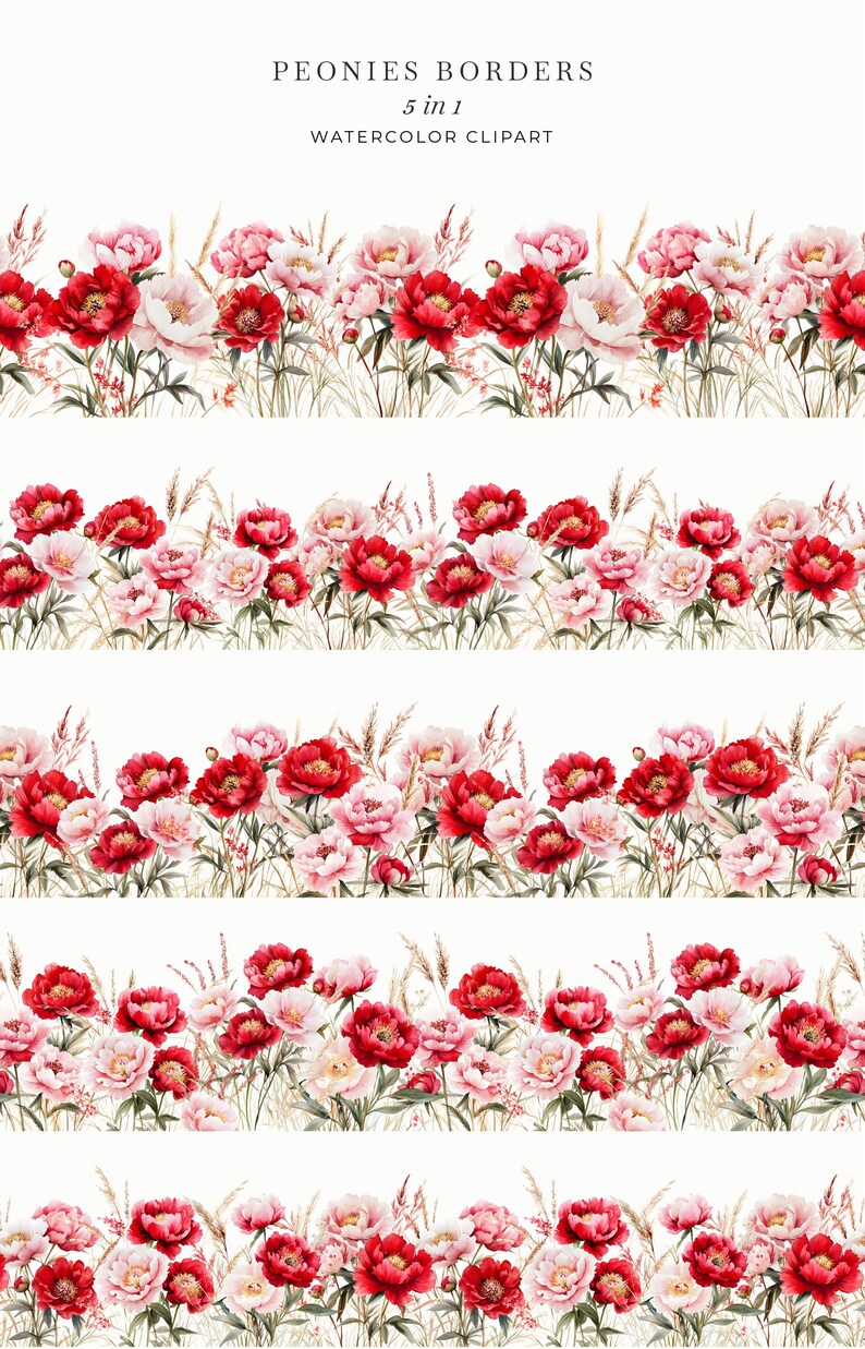 Watercolor Floral Border Clipart | Red Peony Seamless Pattern | Boho ...
