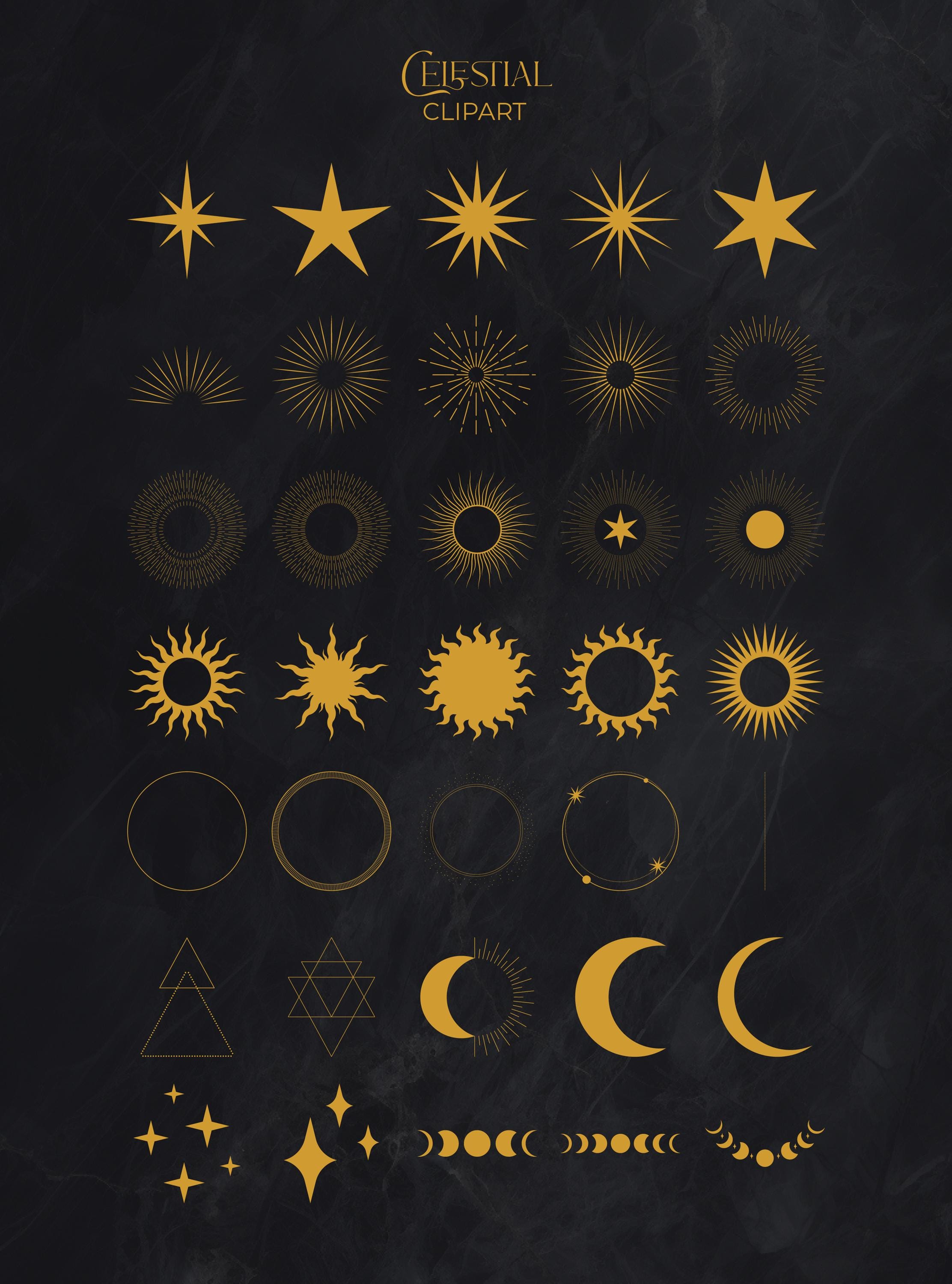 Celestial Stars, Moon and Sun Png & Svg Clipart | Gold Stars, Sunburst ...