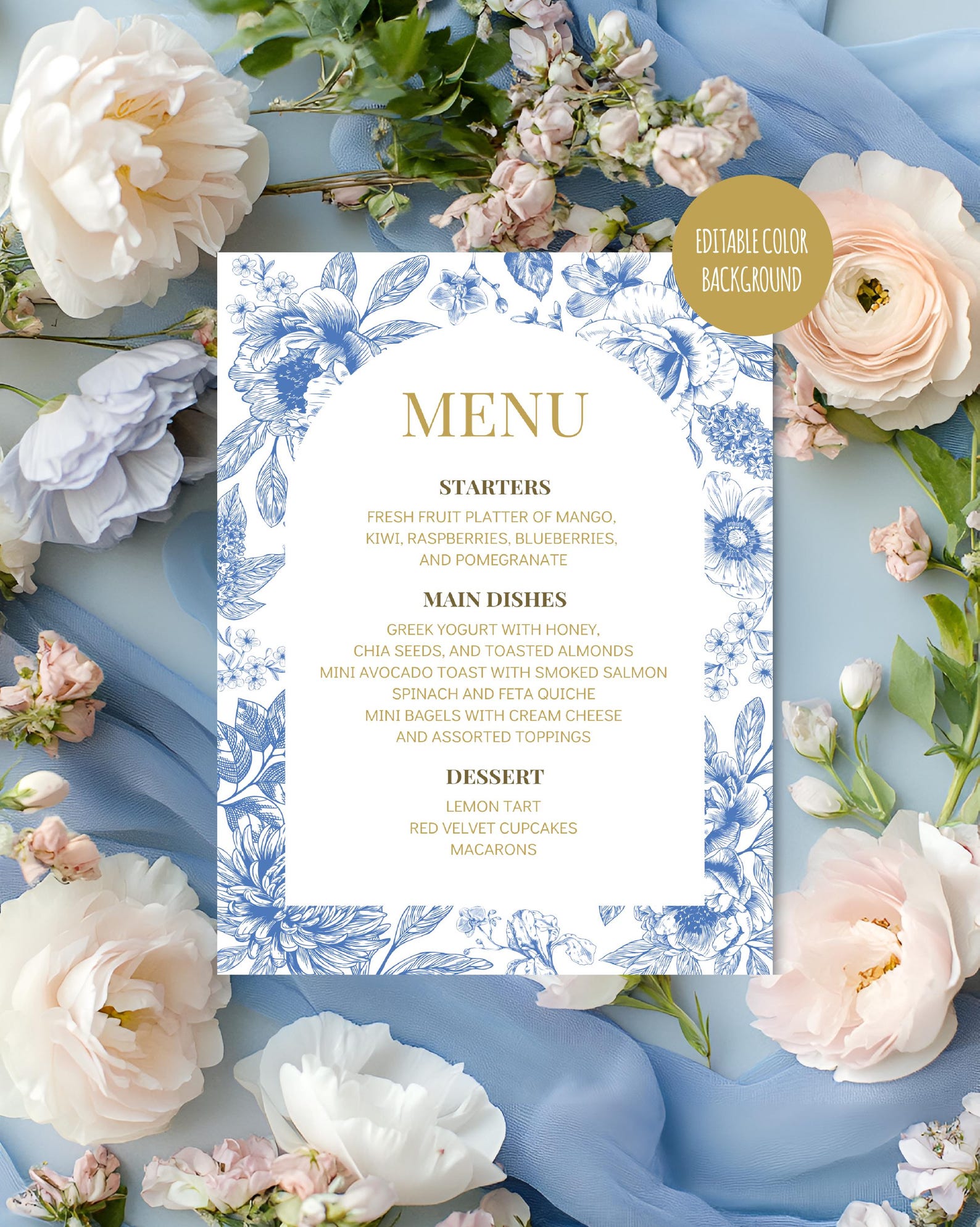 Blue Classic Menu Template | Editable Toile De Jouy Chinoiserie Style ...