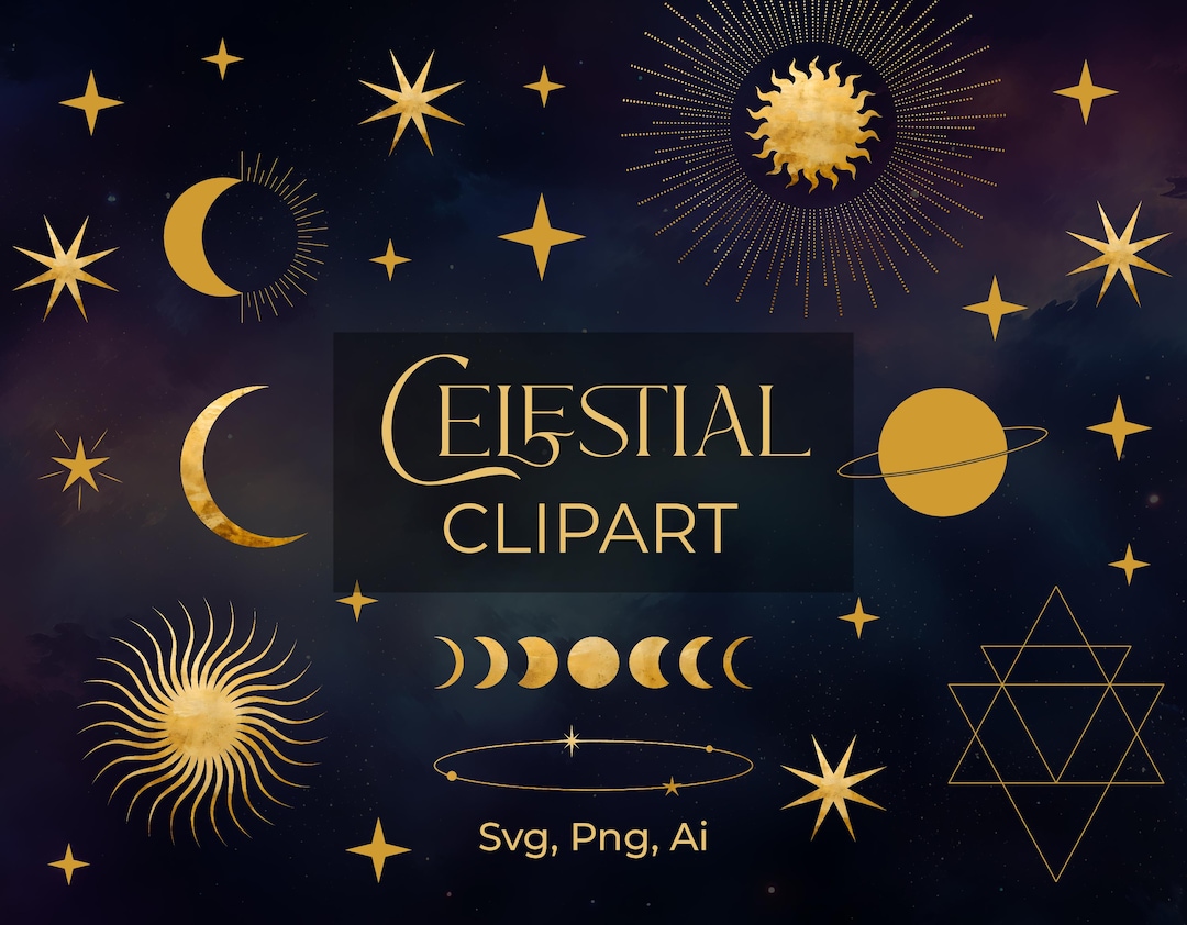 Celestial Stars, Moon and Sun Png & Svg Clipart | Gold Stars, Sunburst ...