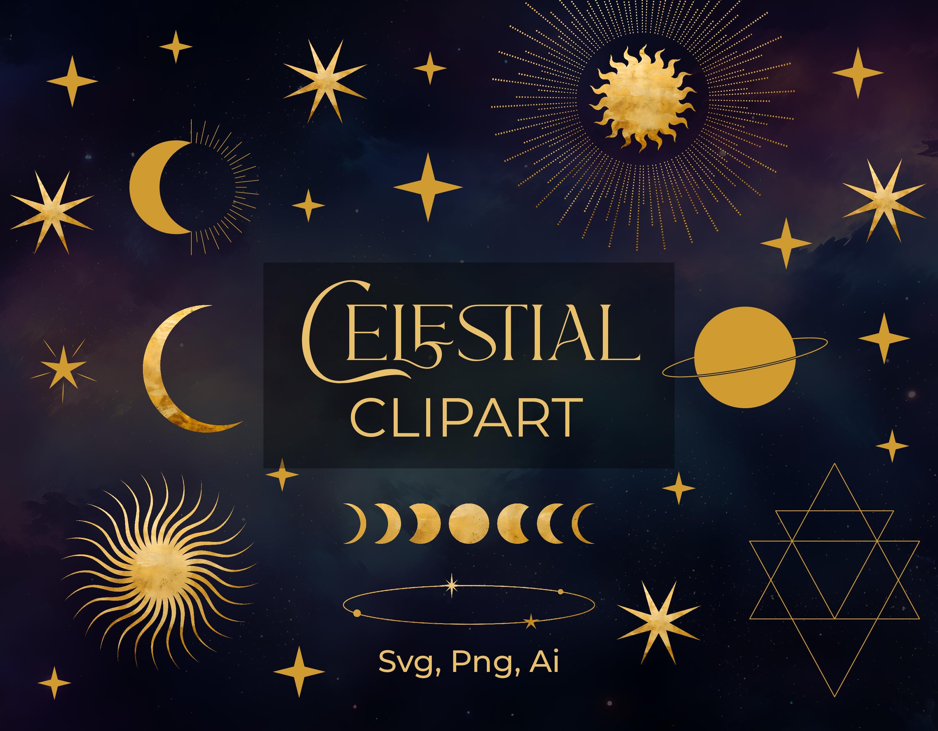 Celestial Stars, Moon and Sun Png & Svg Clipart | Gold Stars, Sunburst ...