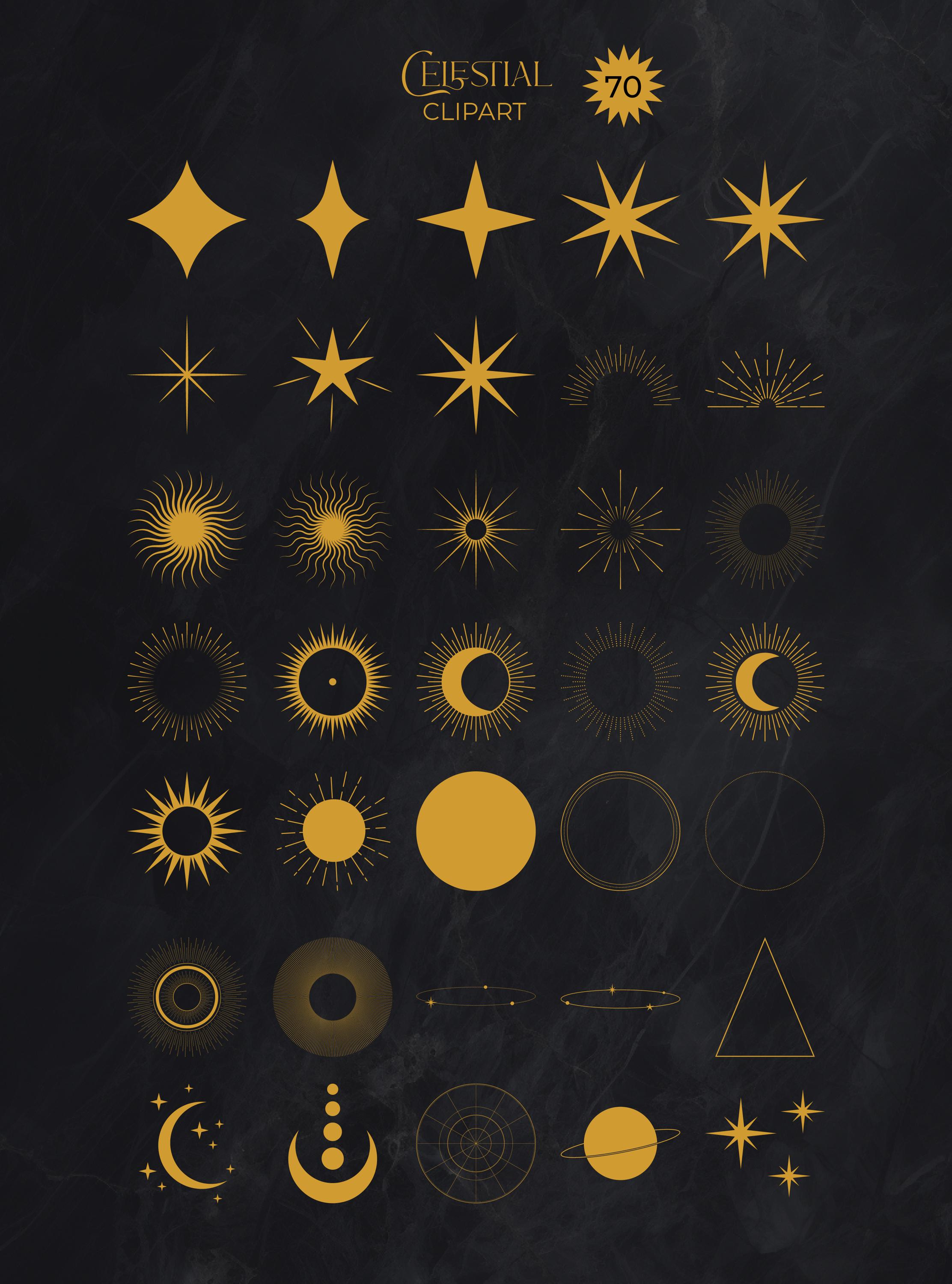 Celestial Stars, Moon and Sun Png & Svg Clipart | Gold Stars, Sunburst ...