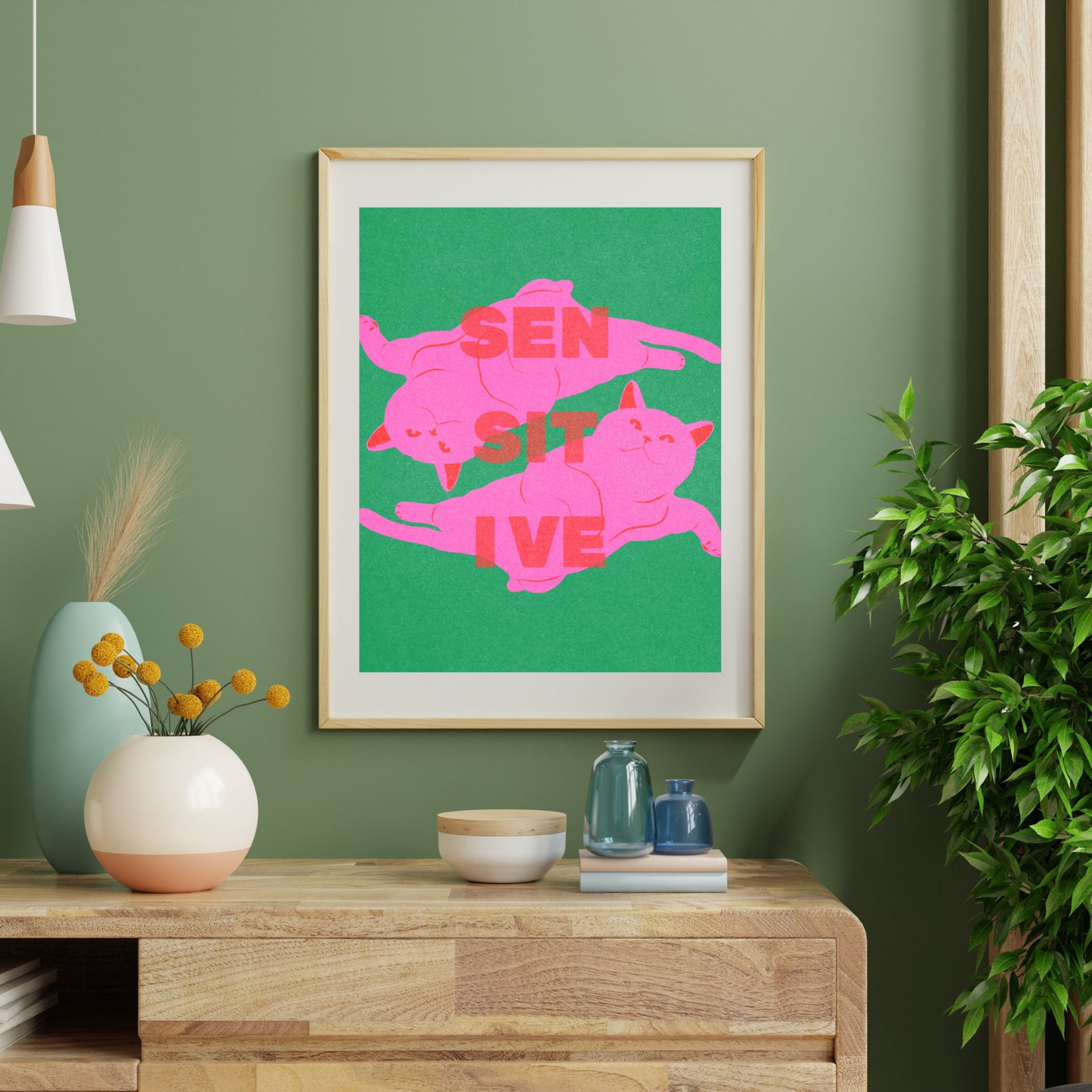 Screenprint Style Pink Cat Print, Maximalist Wall Art (digital Download ...