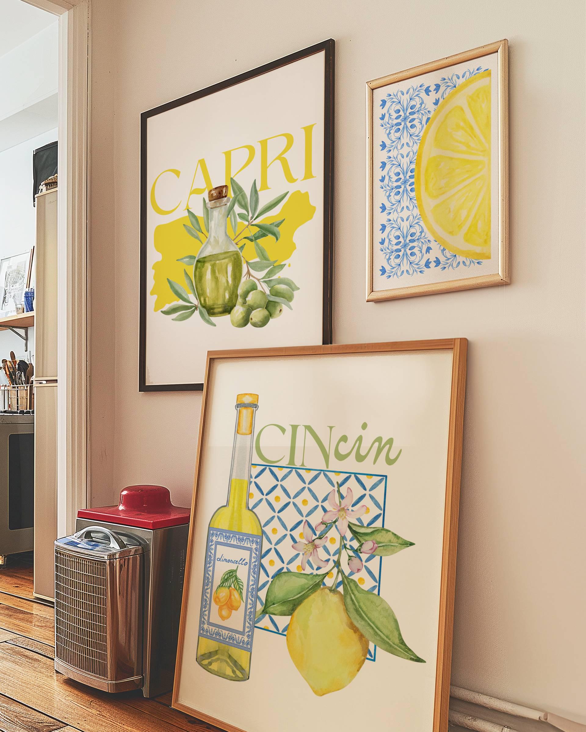 Capri Print Set, Limoncello Alcohol Wall Art, Bar Cart Posters, Olive ...