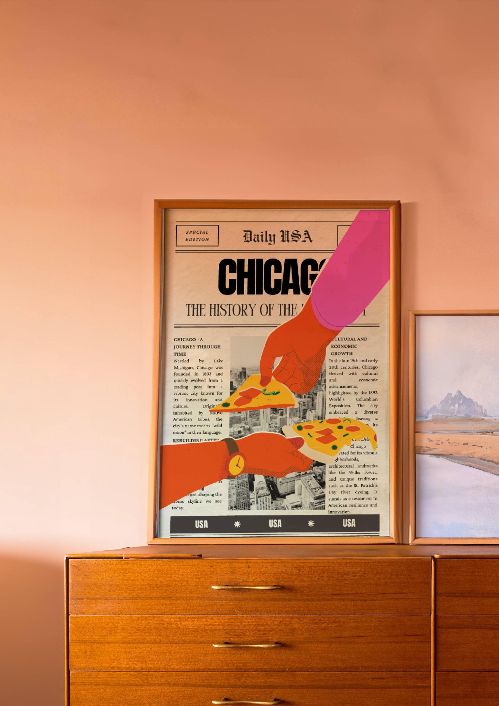 Chicago Pizza Poster, Newspaper Clipping Wall Art, Chicago Decor, Funky ...