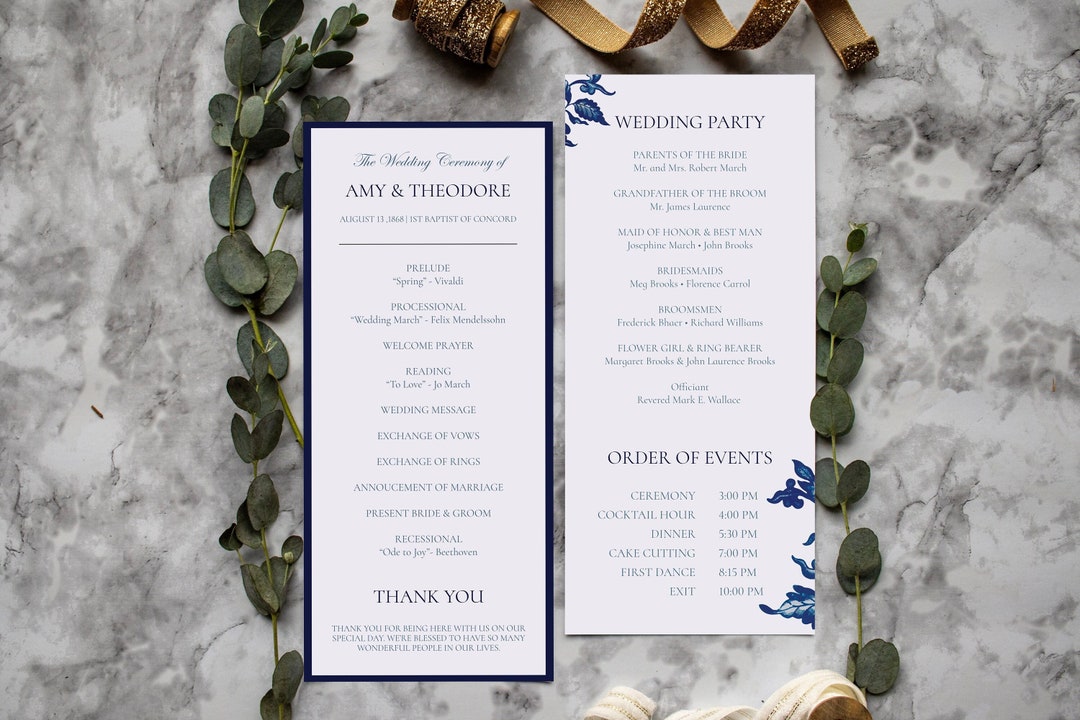 Blue Floral Wedding Program Template (digital Download) #BFLW - Etsy