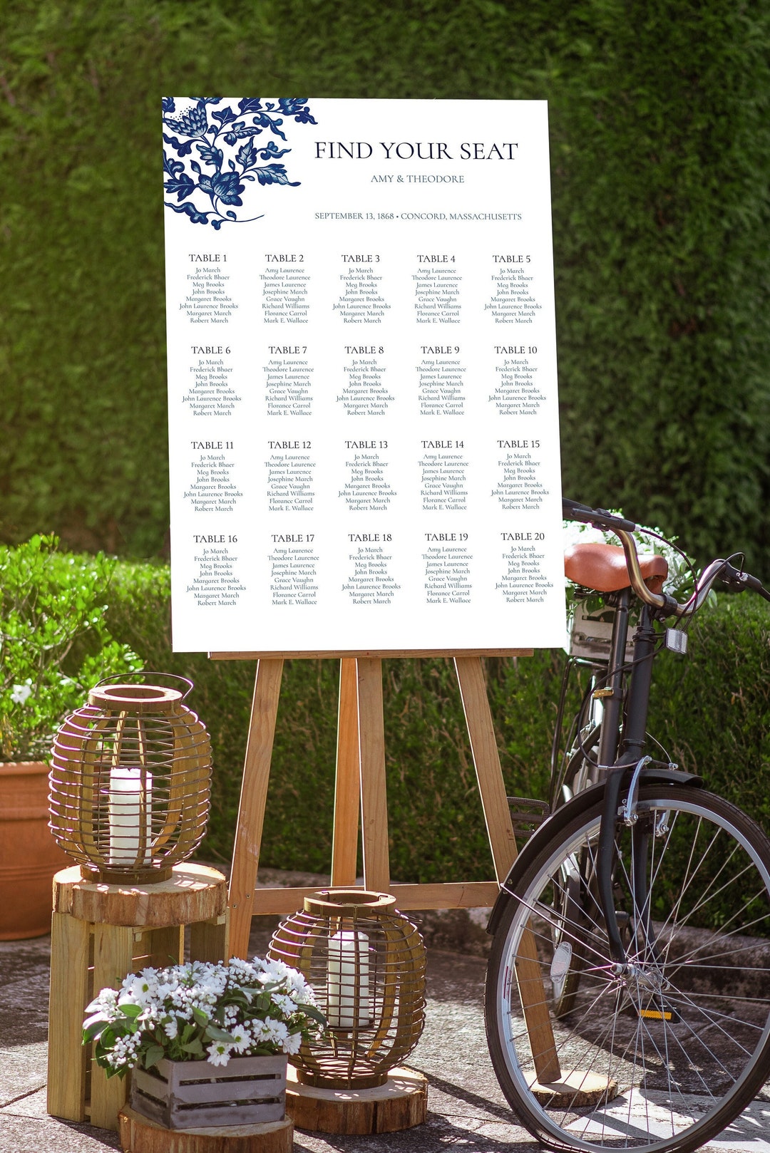 Seating Chart Sign Wedding Template Blue Flower Classic Blue and White ...