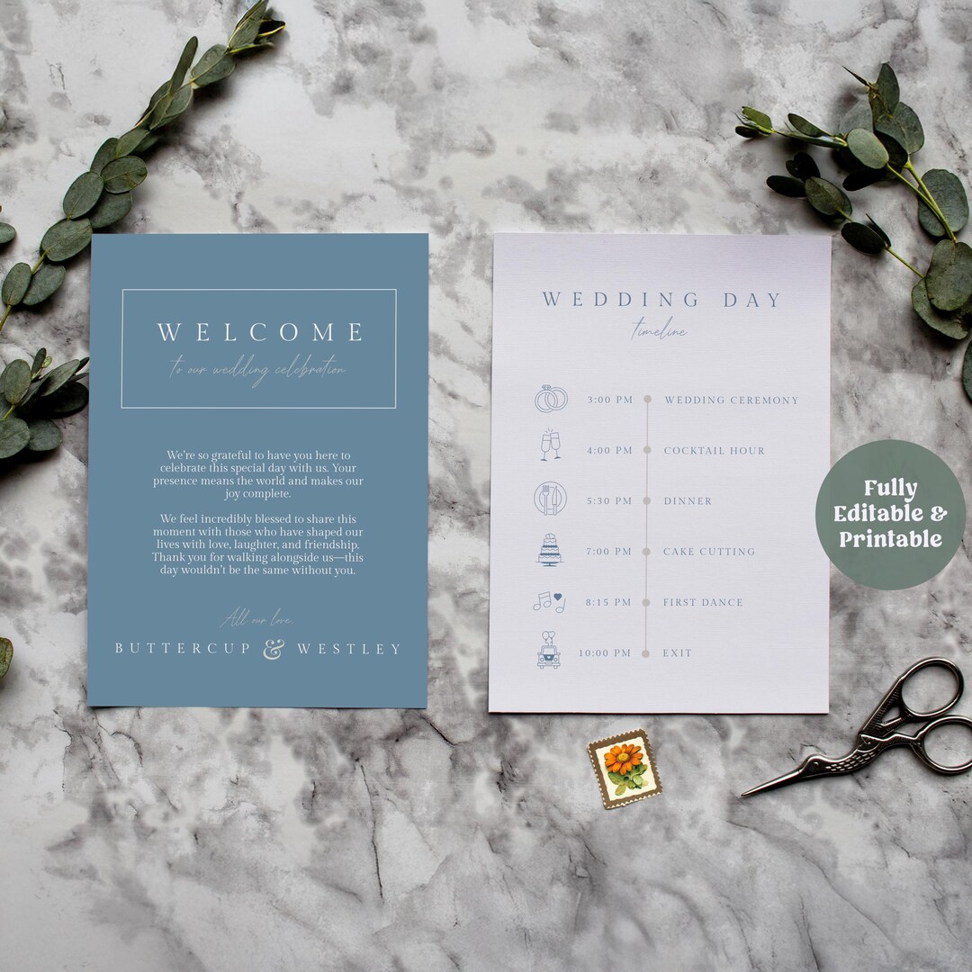 Minimalist Wedding Timeline & Welcome Note Template • Dusty Blue ...