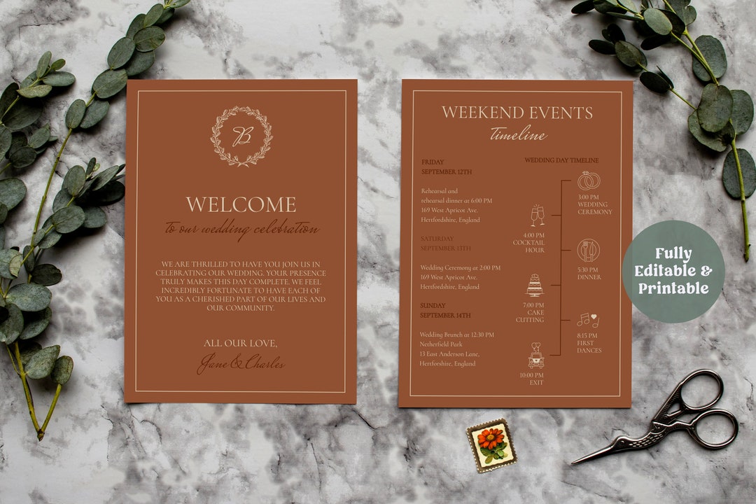 Wedding Weekend Timeline Card Template Classic Monogram Initial ...