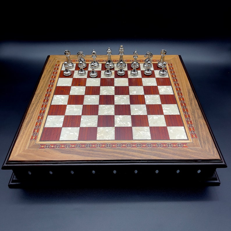 Handmade Walnut Chess Set With Metal Theme Pieces, 360 Drawer Storage ...
