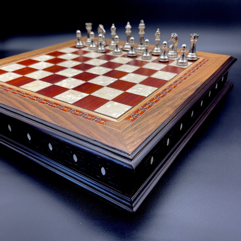 Handmade Walnut Chess Set With Metal Theme Pieces, 360 Drawer Storage ...