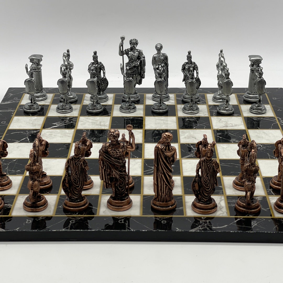 Large Black Marble Patterned Folding Chess Set With Romans Metal Chess ...
