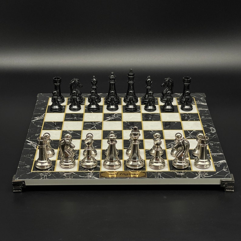 14" Black Marble Pattern Wooden Chess Set With Black Metal Chess Pieces ...