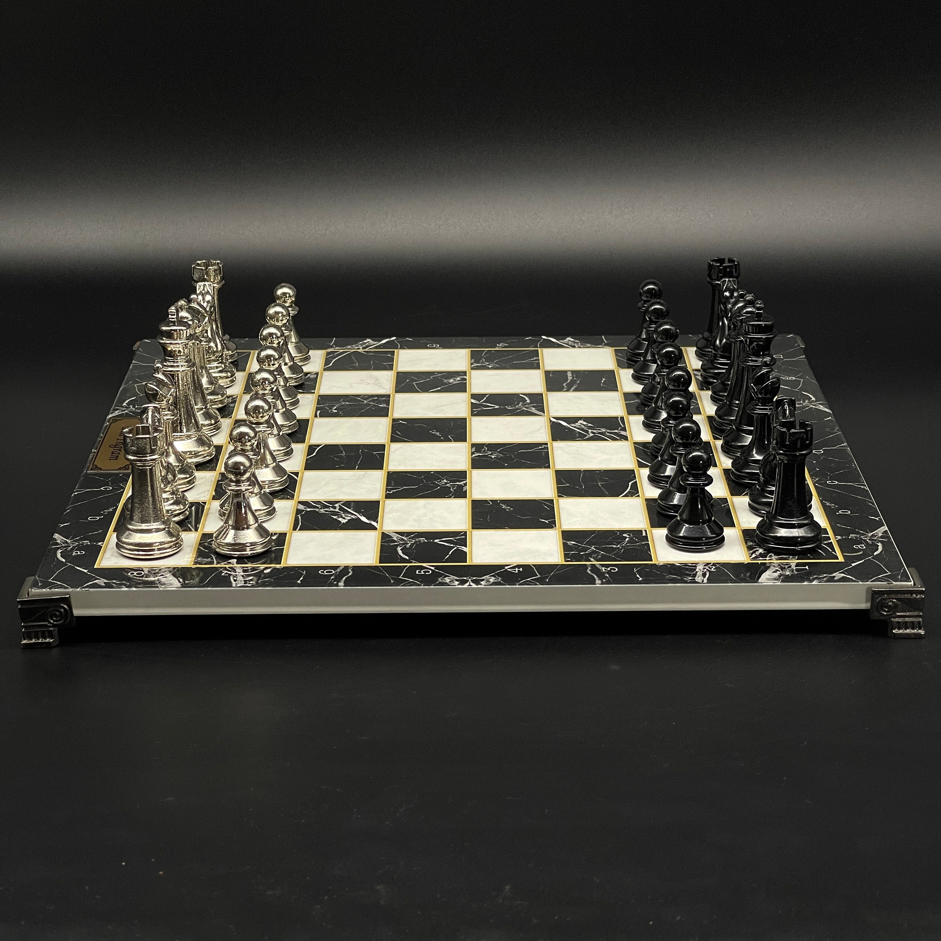 14" Black Marble Pattern Wooden Chess Set With Black Metal Chess Pieces ...