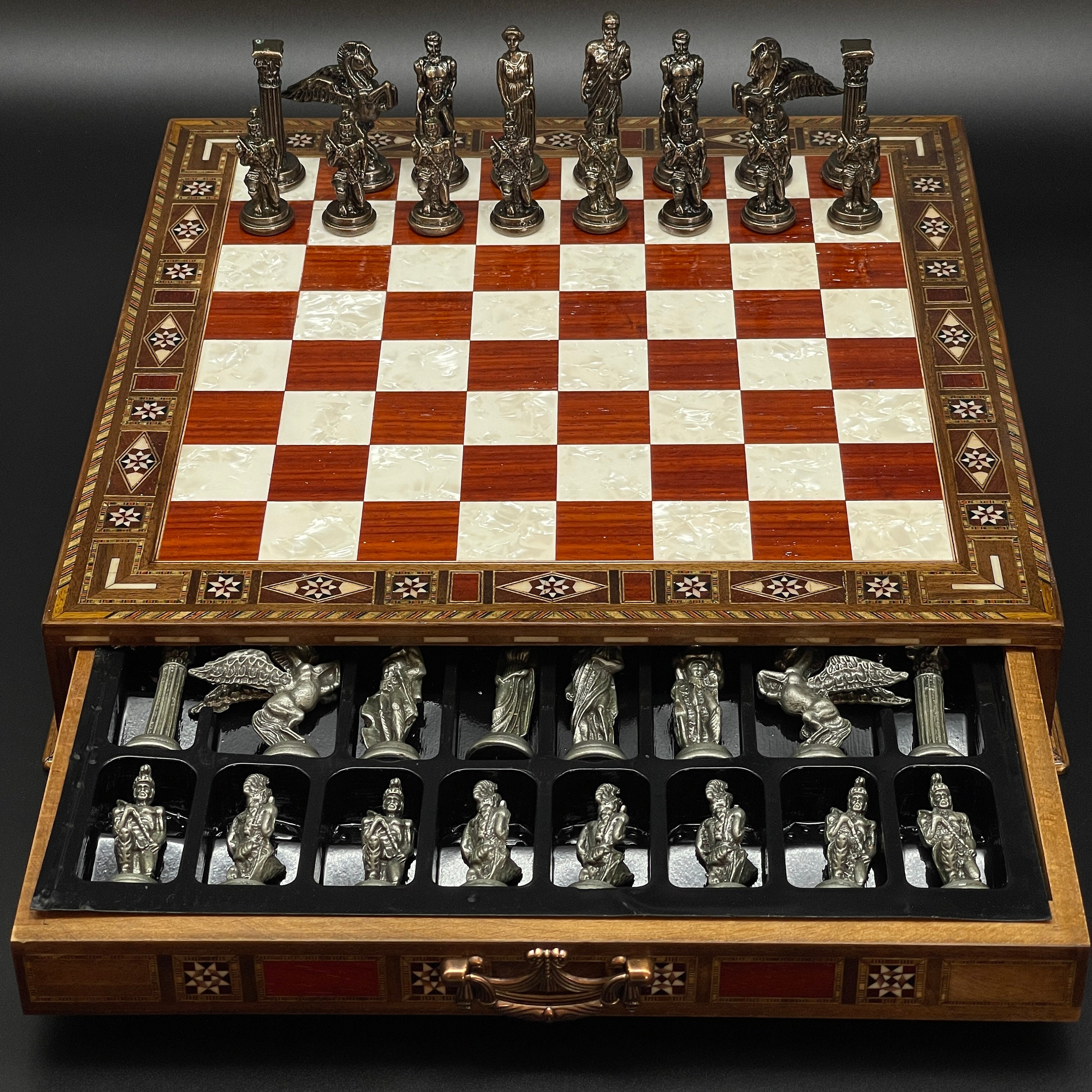 Personalized Wooden Chess Set With Storage, Pegasus Metal Chess Pieces ...