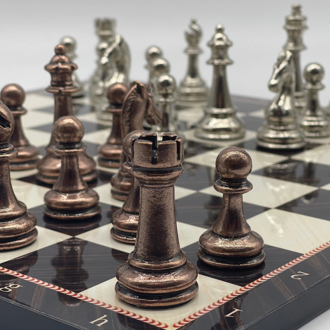 14" Black Marble Pattern Folding Metal Chess Set With Metal Chess ...