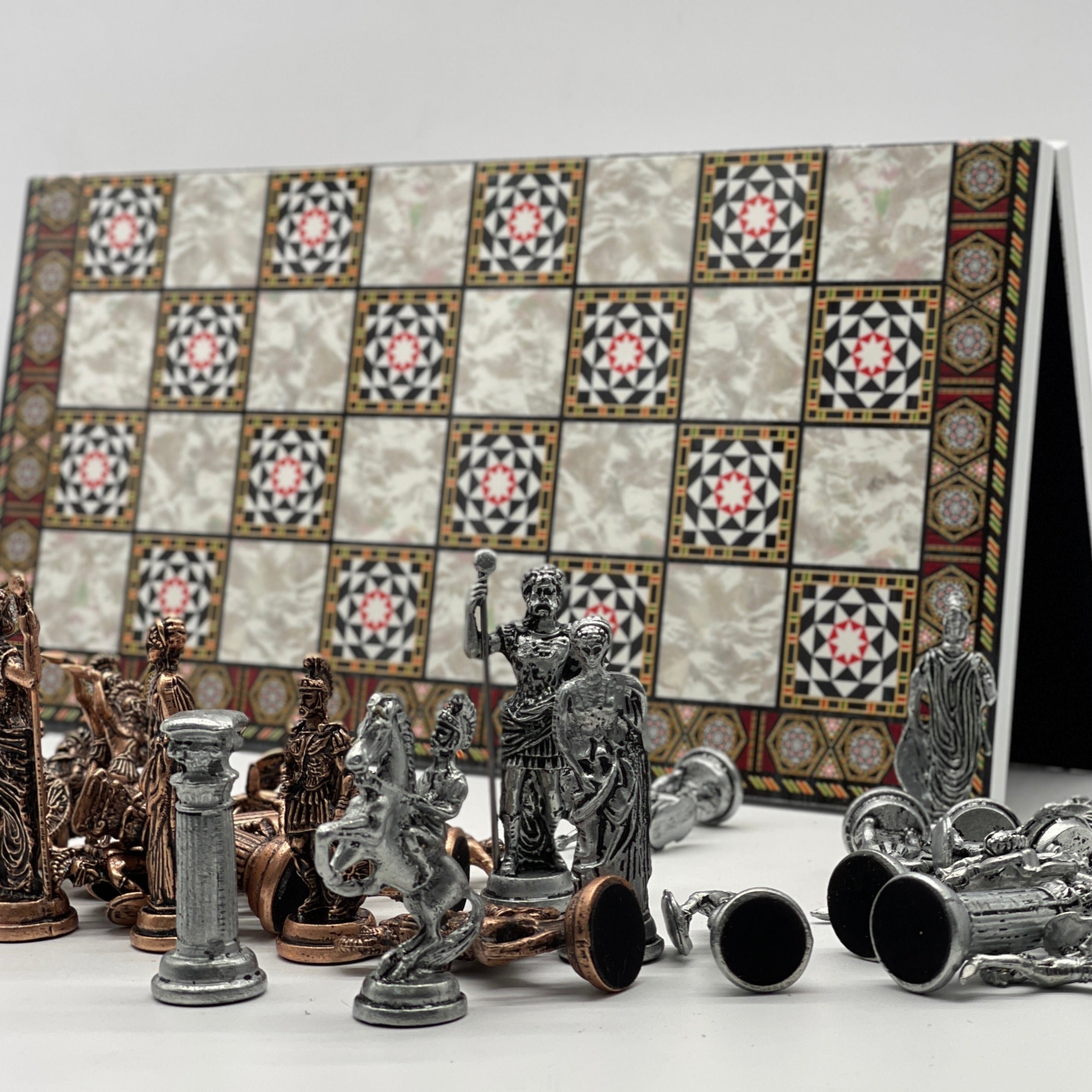 Large Black Marble Patterned Folding Chess Set With Romans Metal Chess ...