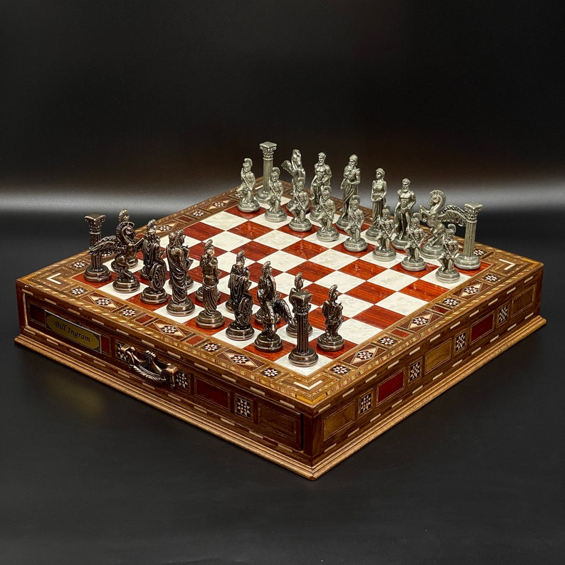 Personalized Wooden Chess Set With Storage, Pegasus Metal Chess Pieces ...