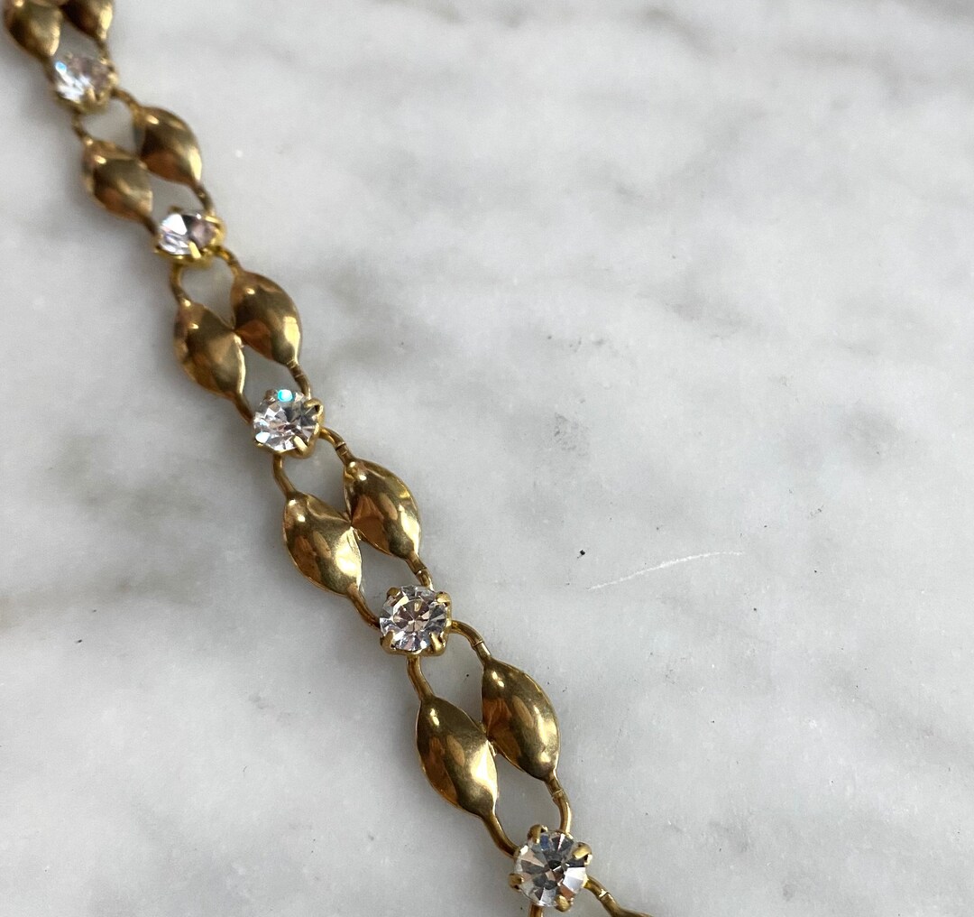 1 Feet Vintage Raw Brass Link Chain Oval Design With Rhinestones - Etsy
