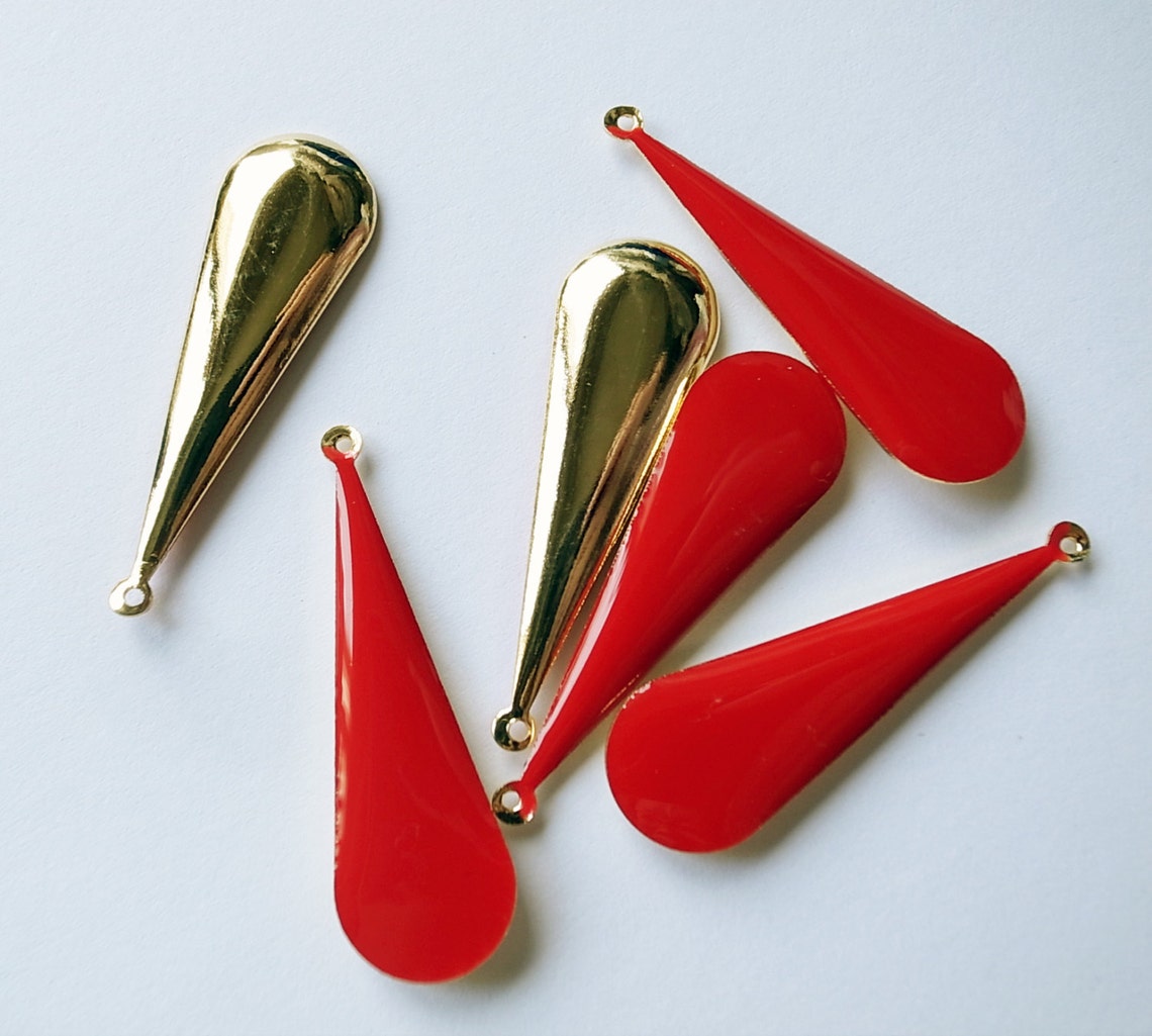 12 Red Epoxy Poly Resin Drop Bead on Gold Color Base Long Drop - Etsy