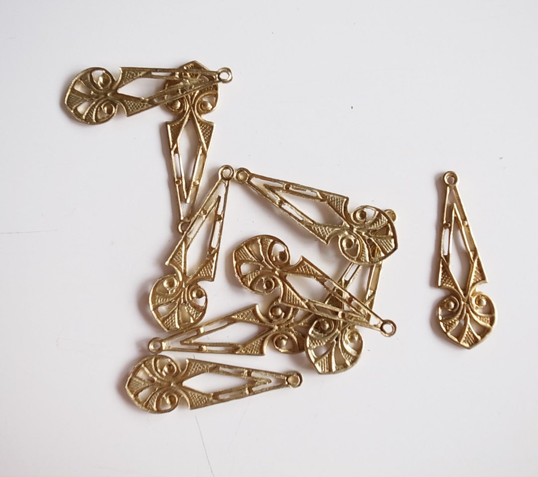 12 Vintage Die Cut Metal Filigree Charm With Triangle and Heart Drop ...