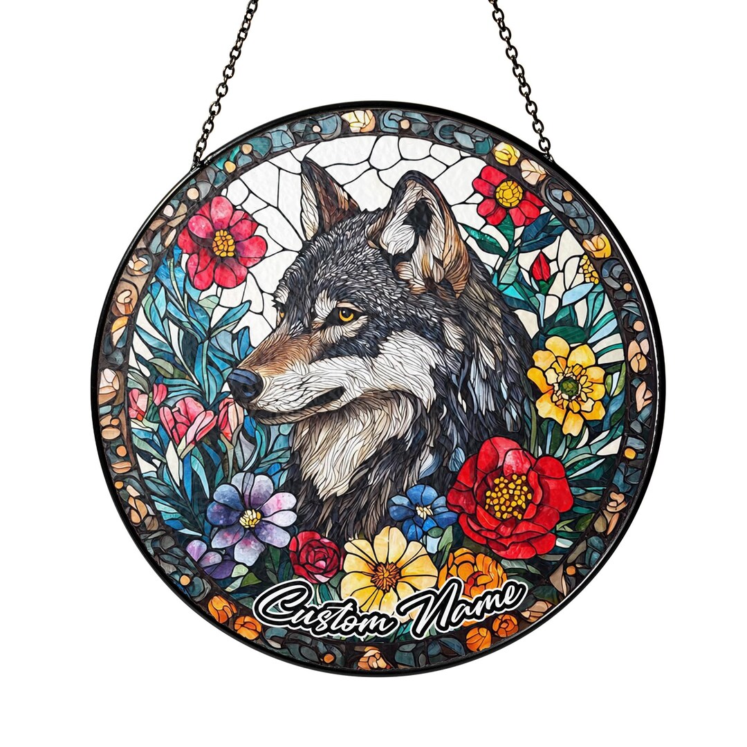 Customized Wolf Suncatcher Stained Glass, Personalized Window Hanging ...