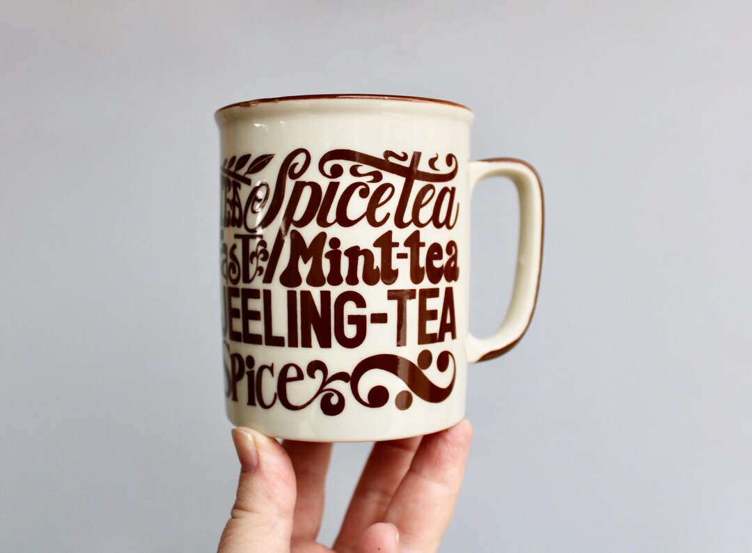 Vtg Japan Tea Mug W/ Glossy Brown Type Face Tea Jargon on Light Tan ...