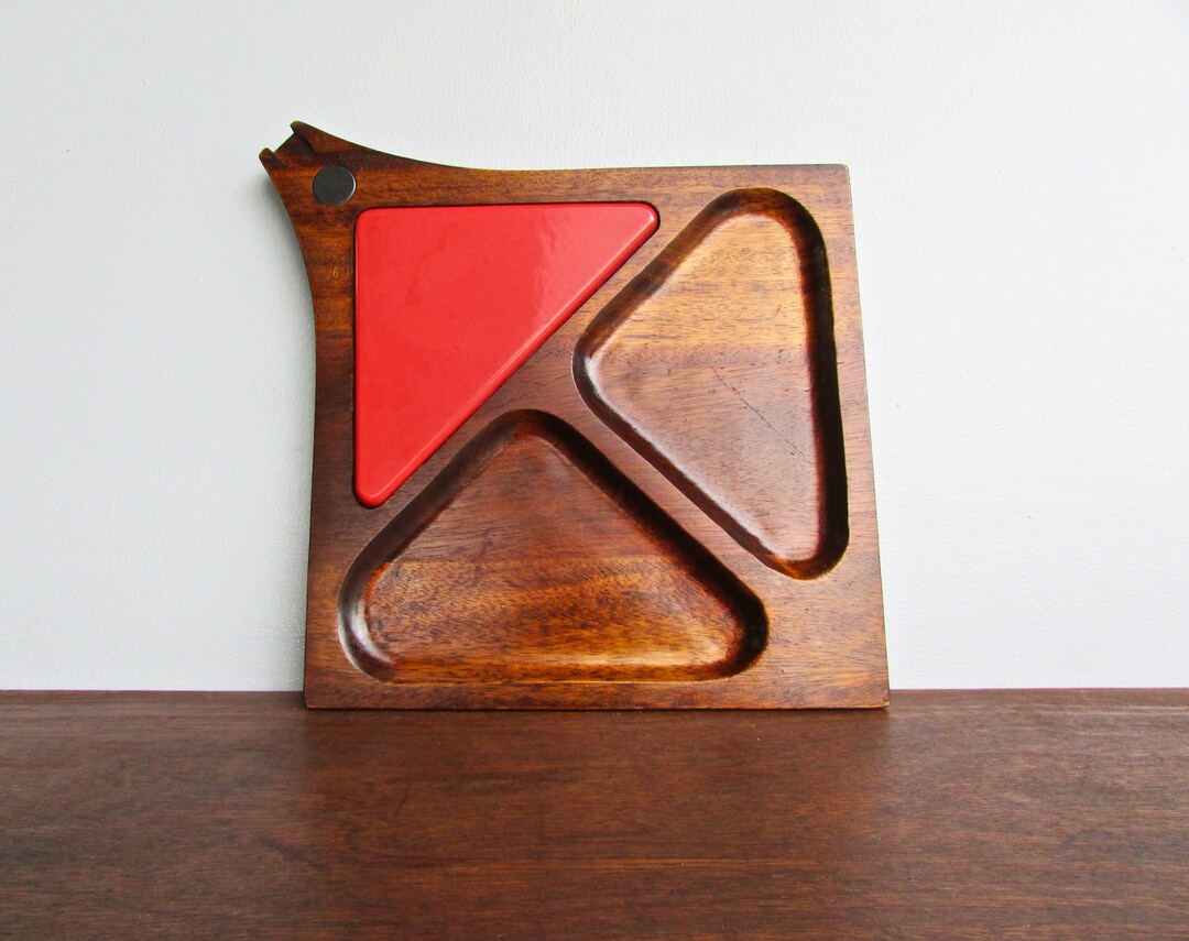 Sere Wood Japan Handcarved Snack Tray W/ Red Enamelware Insert W/ Knife ...
