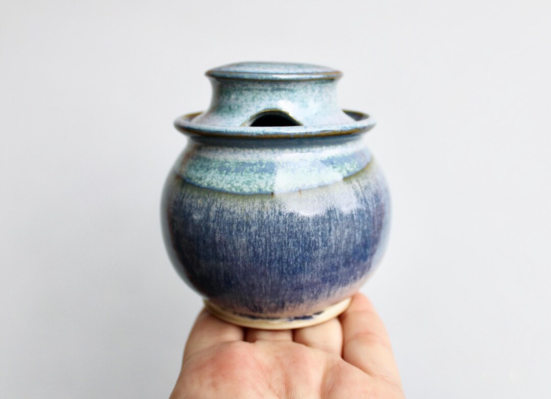 C Pittmman Stoneware Honey Jar or Sugar Bowl, Glassy Ash Glaze of Light ...