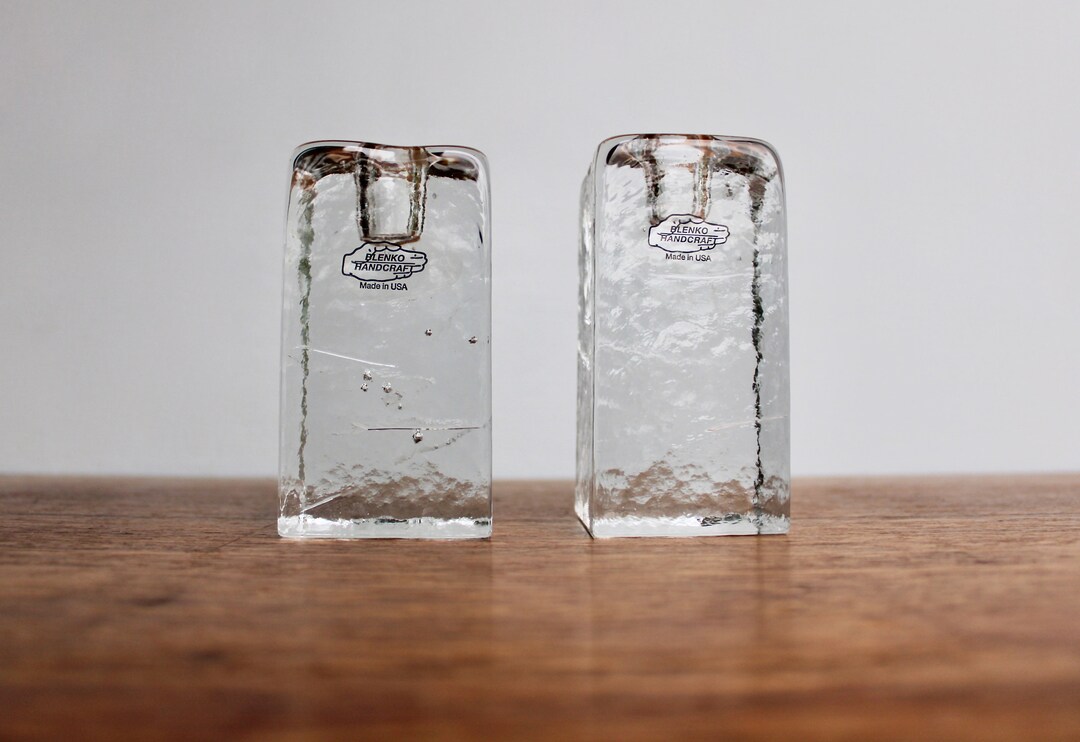 Pair of Vintage Blenko Handcrafted Glass Ice Block Candle Holders ...