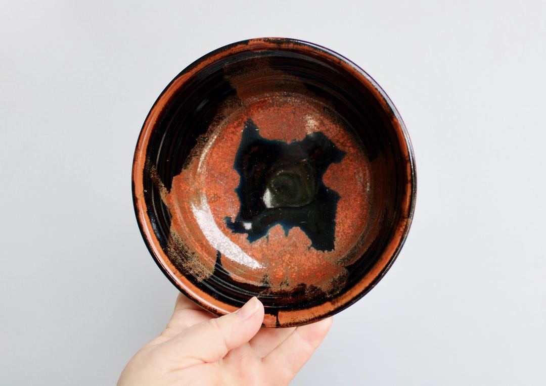 Studio Pottery 6" Bowl, Reflective Tenmoku Glaze & Burnished Pink ...