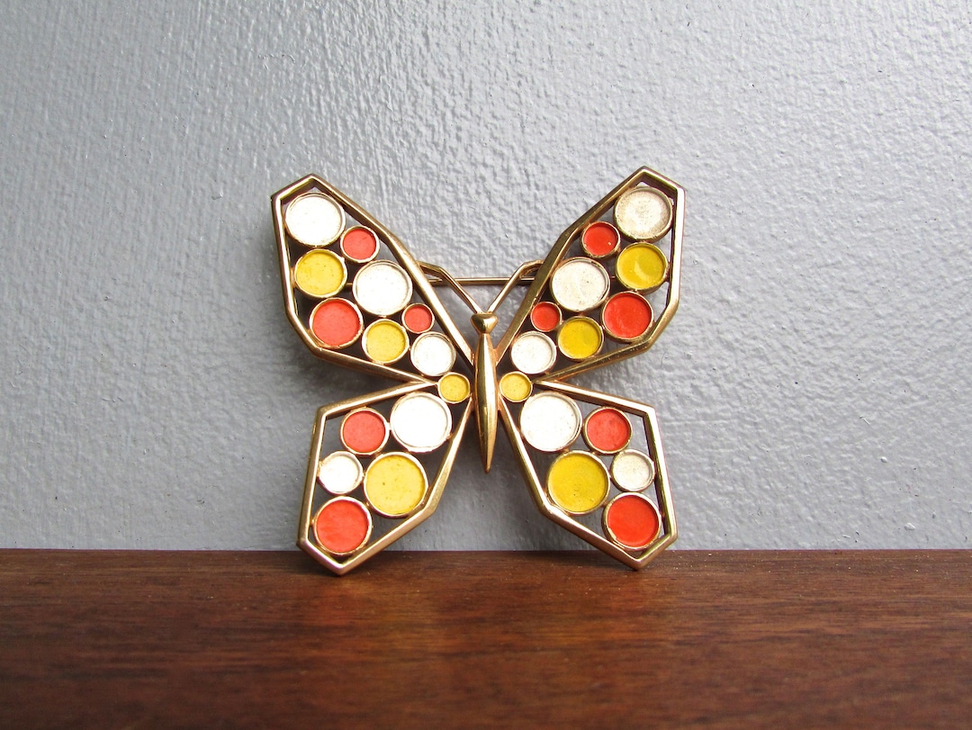 1967 Alfred Philippe Trifari Confetti Butterfly Brooch, Orange & Yellow ...