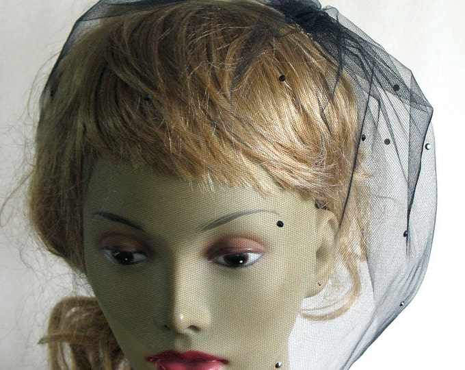 Black Tulle Rhinestone Face Veil Black Blusher Veil Tulle Bridal Veil ...