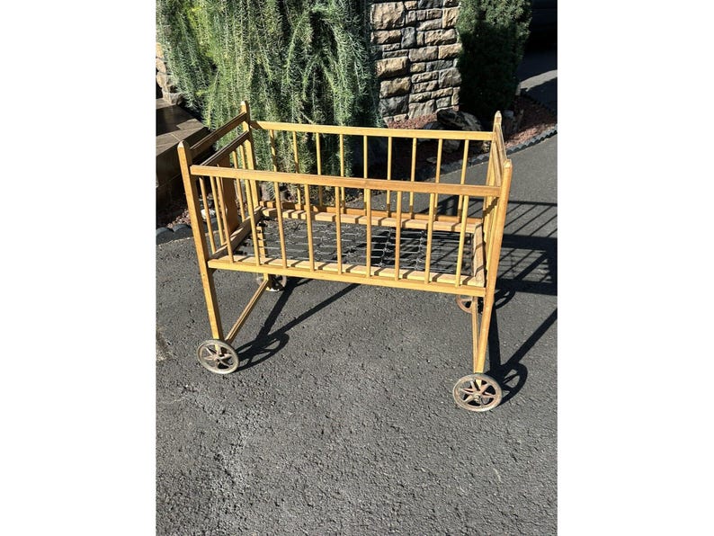 Antique Wooden Wood Crib With Wheels - Etsy
