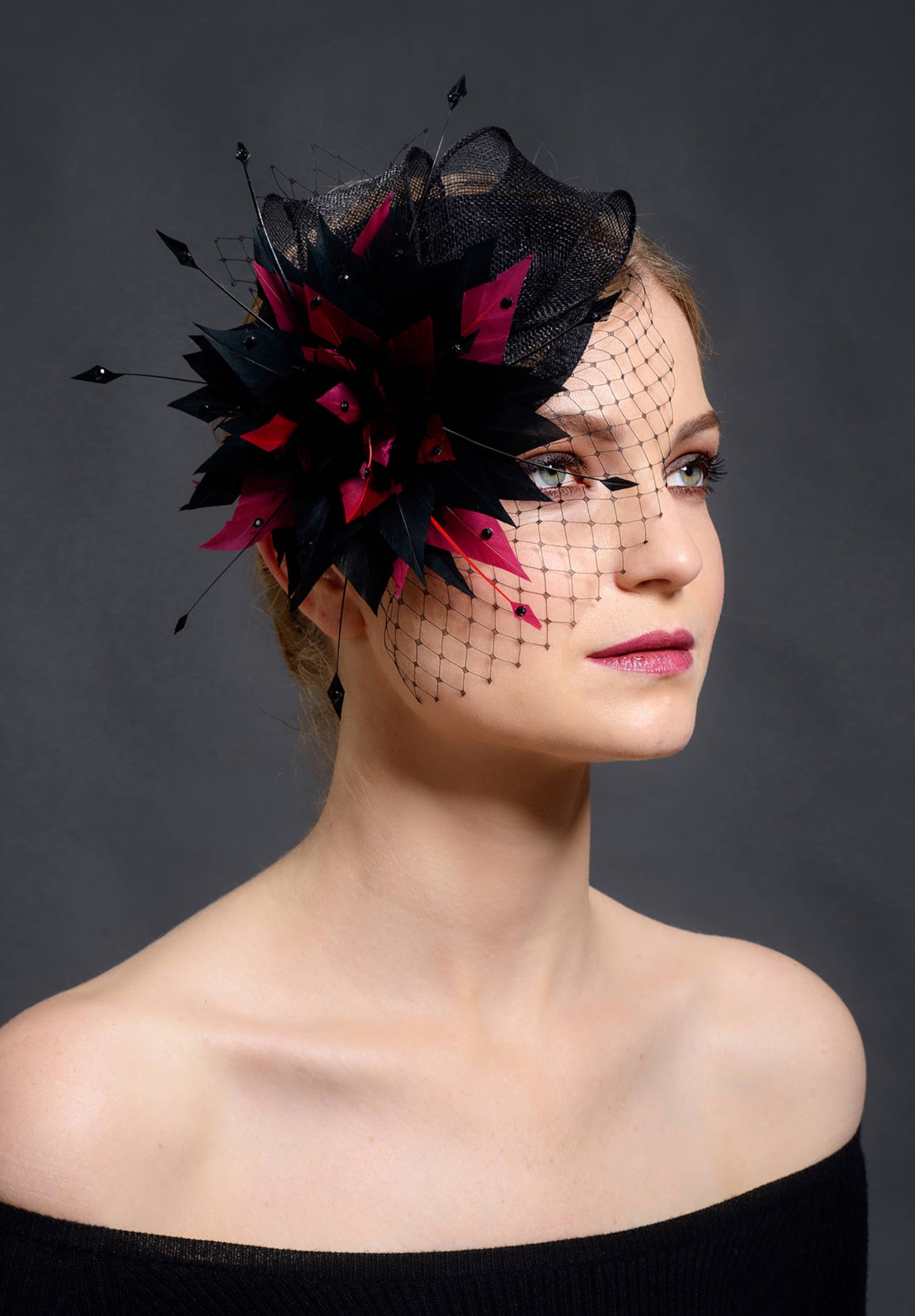 Black and Burgundy Fascinator. Black Fascinator With Face Veil | Etsy