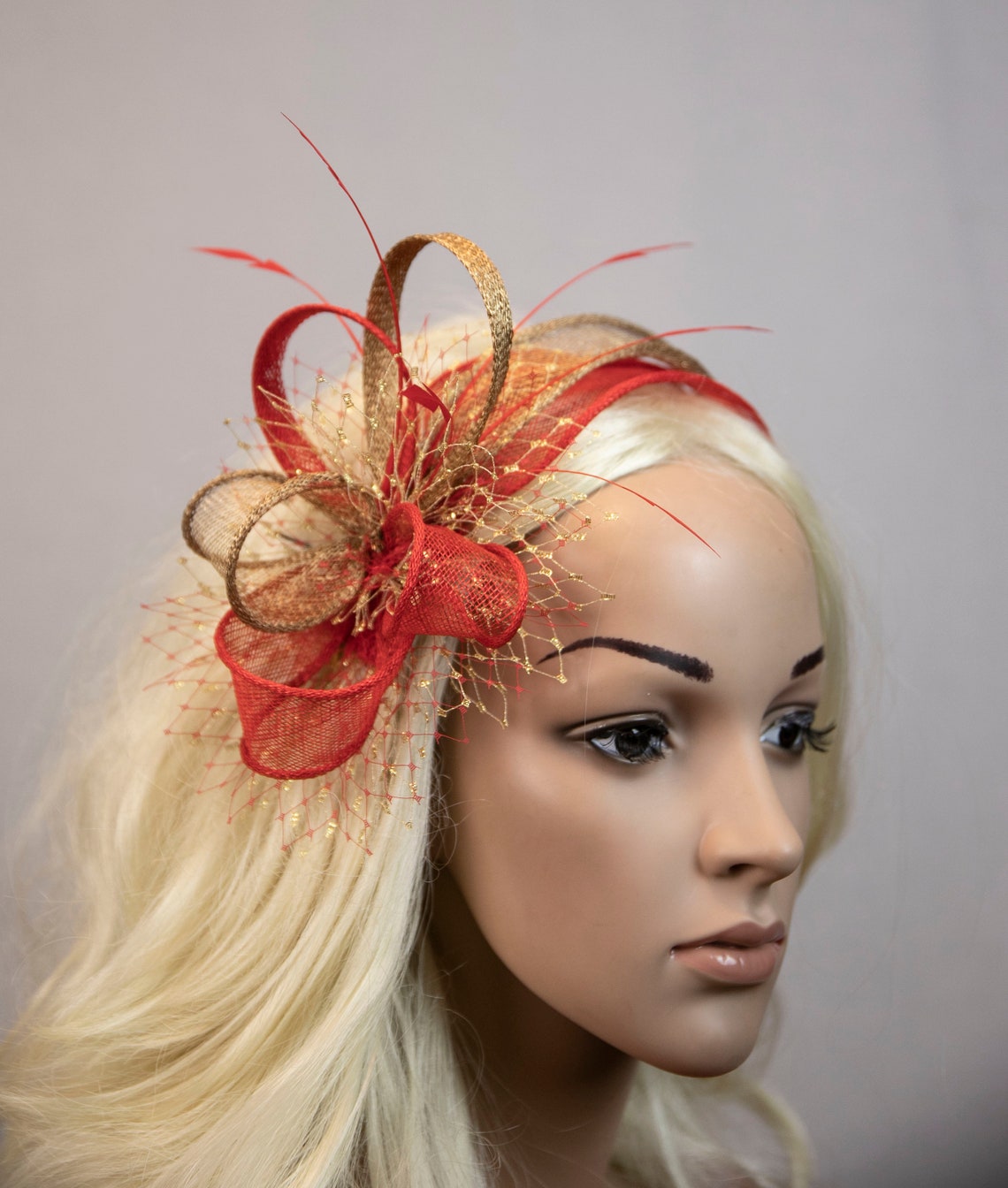 Golden and Red Fascinator for Christmas Weddings. Christmas Party ...