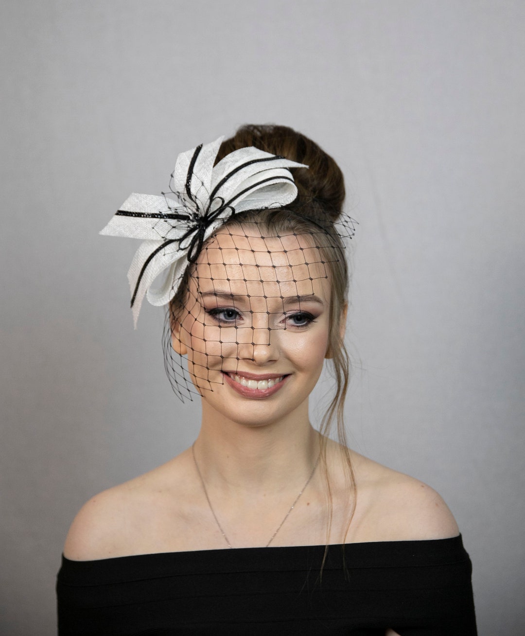 Black and White Fascinator With Face Veil. - Etsy