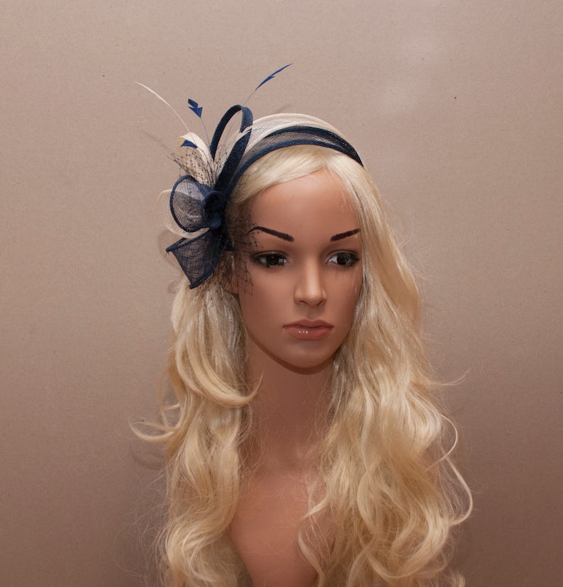 Navy Blue And White Elegant Fascinator For The Weddings Etsy