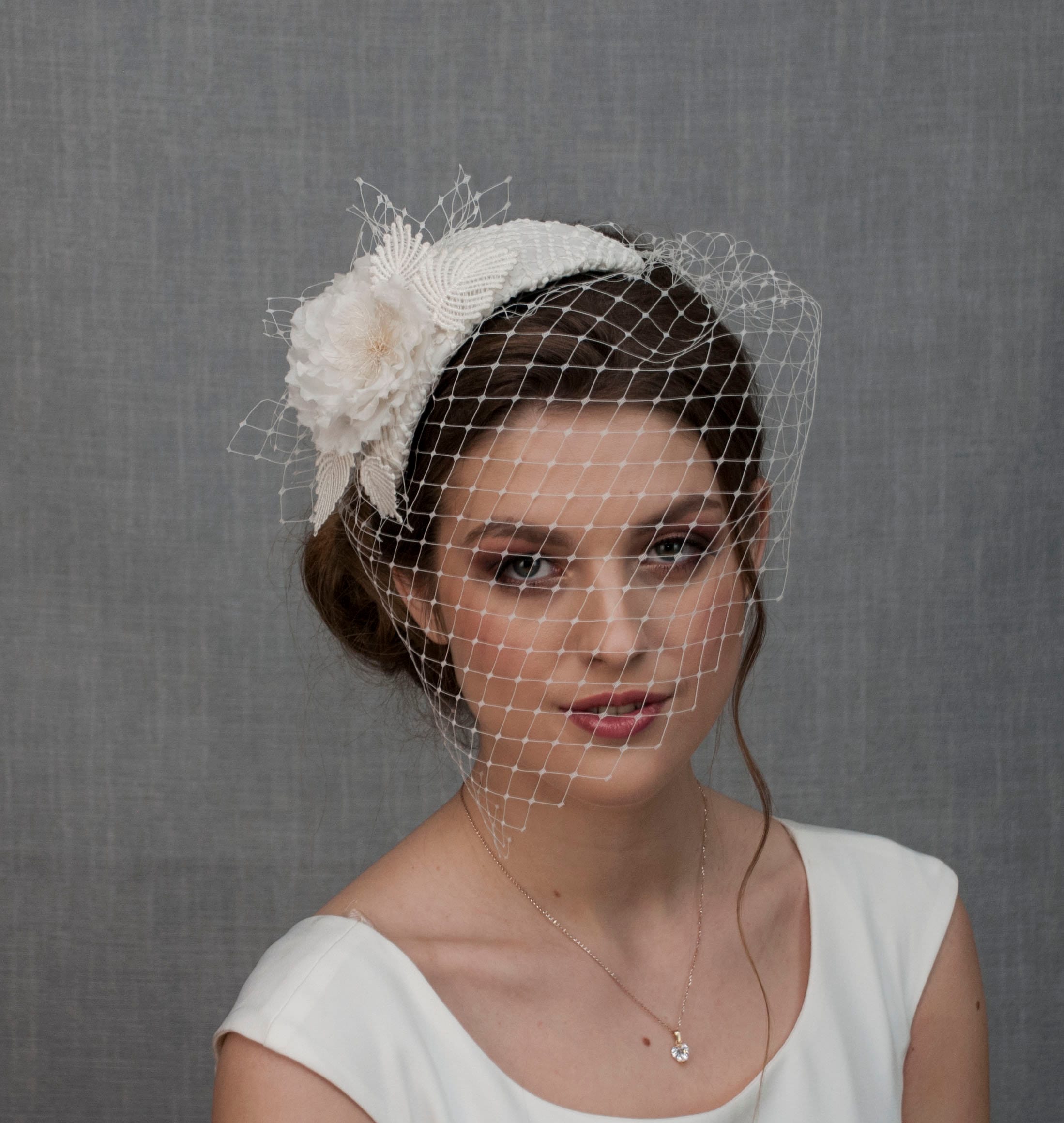 White bridal fascinator hat with face veil | Etsy