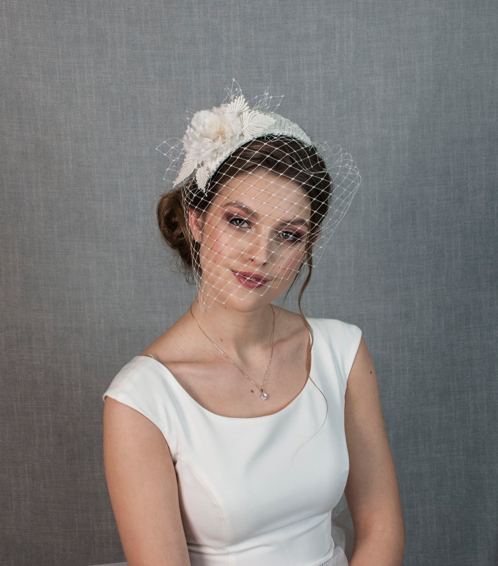 White bridal fascinator hat with face veil | Etsy